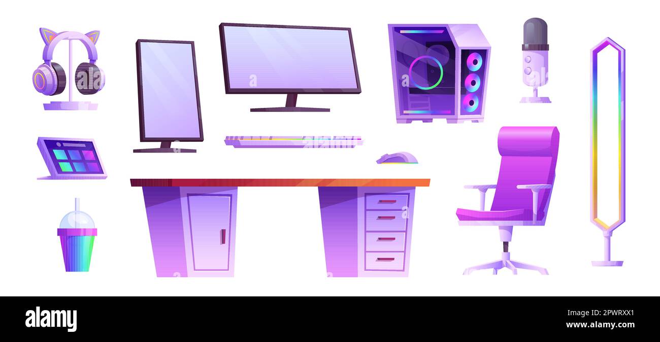 Isolated game computer in streamer room interior vector set. Cartoon ...