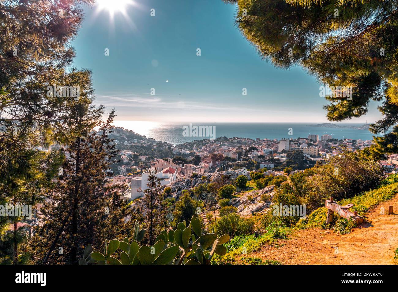 Beautiful horizon view with golden sunlight from the coast of Marseille ...