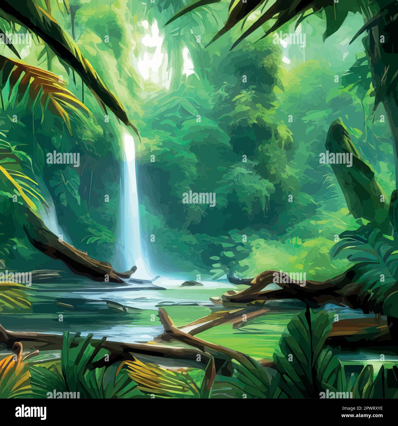 Wonderful Tropical Waterfall Jungle Green Tropical