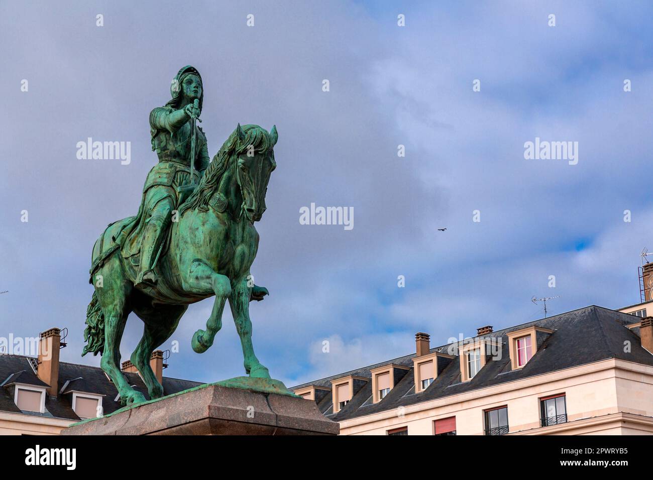 Equestrian statue of Jeanne d'Arc, the French national heroine at the Martroi Square in Orleans ...