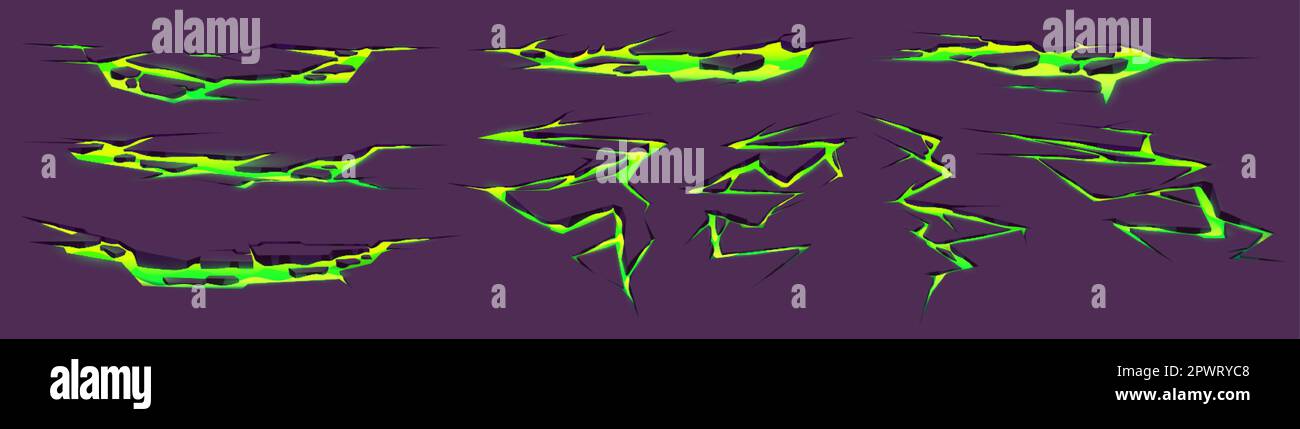 Cartoon set of earthquake cracks with green toxic substance inside ...