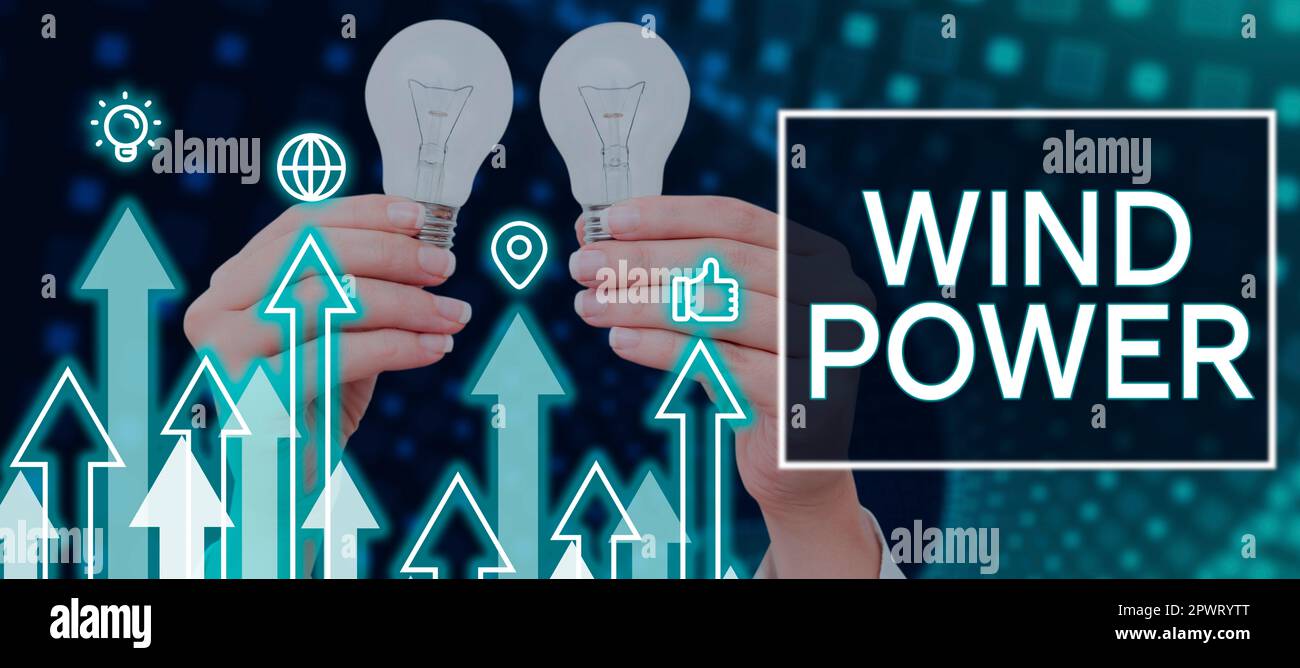 Hand writing sign Wind Power, Word for use of air flow to provide ...