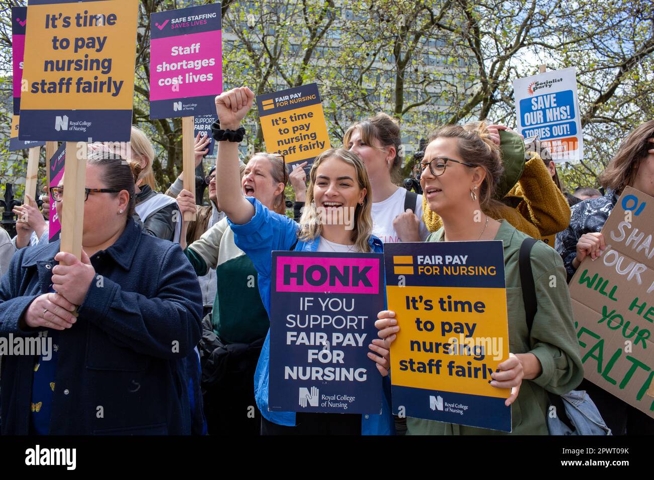 London,uk,1st may,2023.A picket line of Nurses outside the St Thomas ...