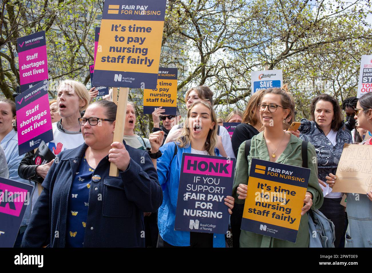 London,uk,1st may,2023.A picket line of Nurses outside the St Thomas ...
