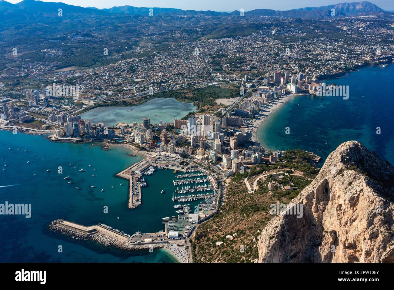 Aerial view breathtaking Penyal dIfac natural park of Penon de Ifach ...