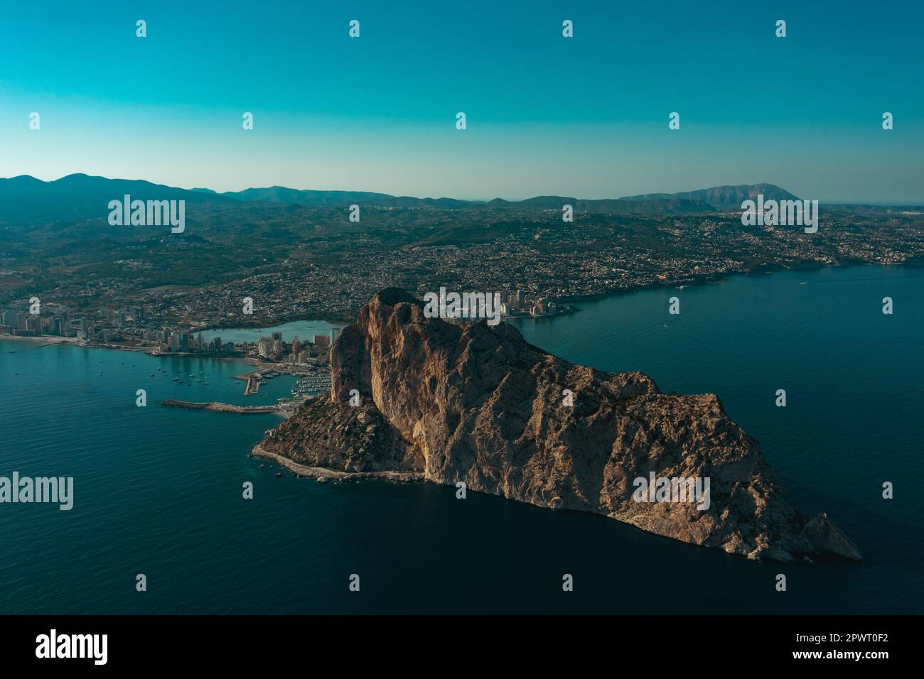 Aerial view breathtaking Penyal dIfac natural park of Penon de Ifach ...