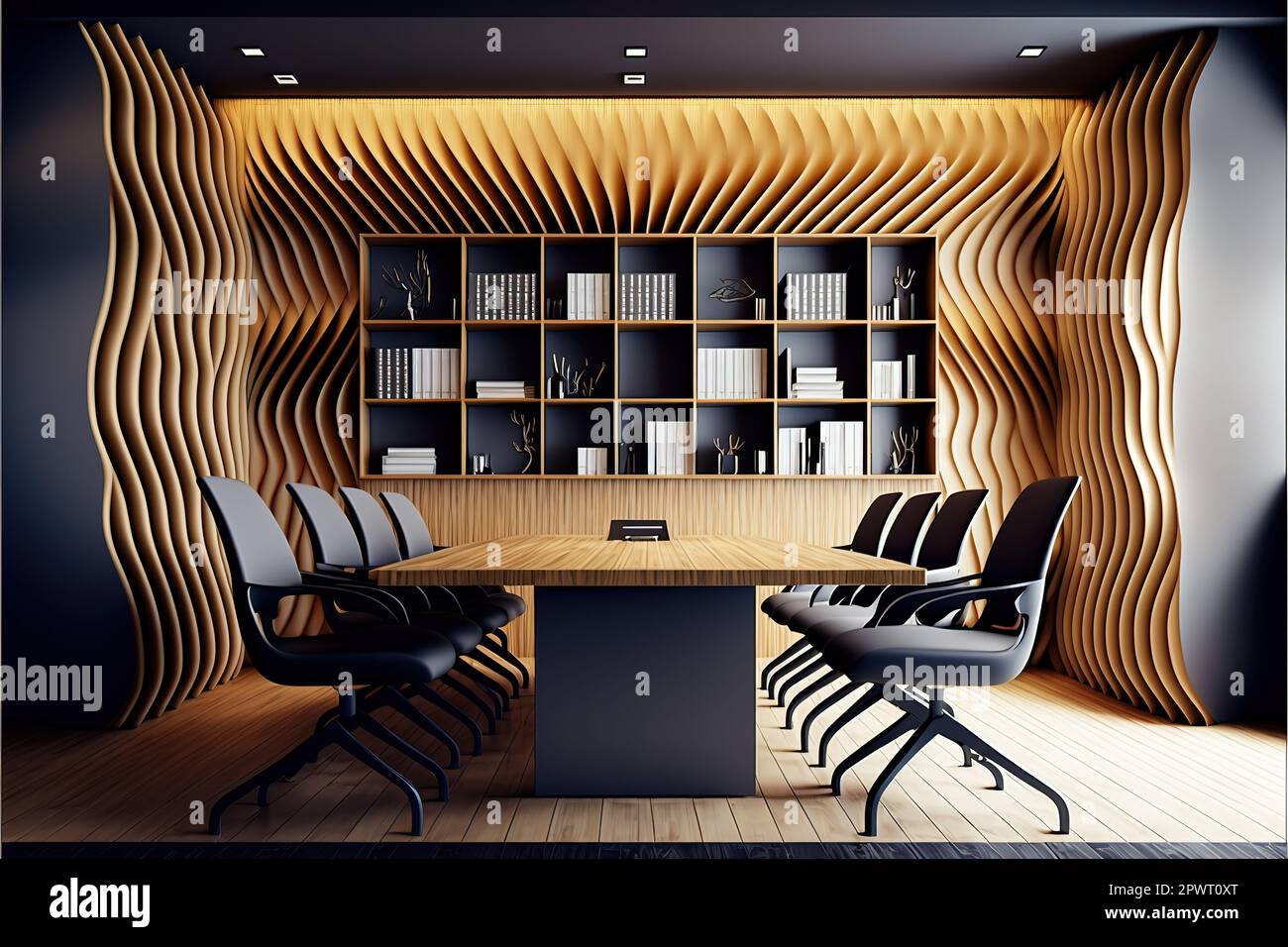 Boardroom interior with wave pattern wall, wooden floor, long table ...