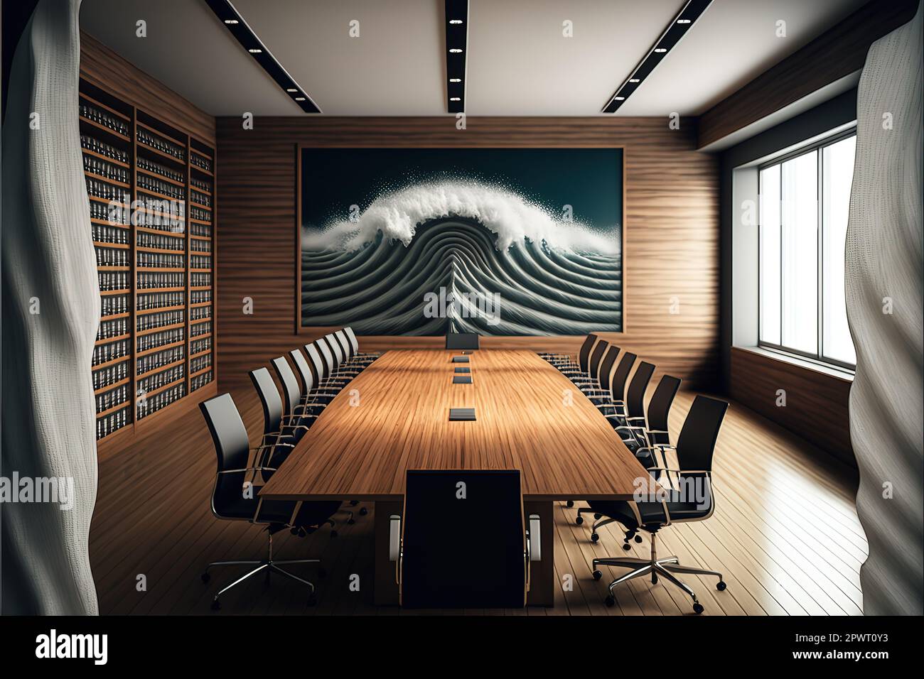 Boardroom interior with wave pattern wall, wooden floor, long table ...