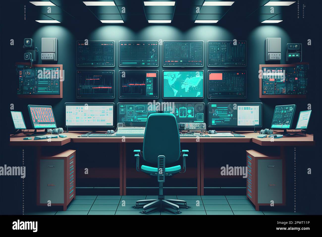 Empty interior of big modern security system control room, workstation ...