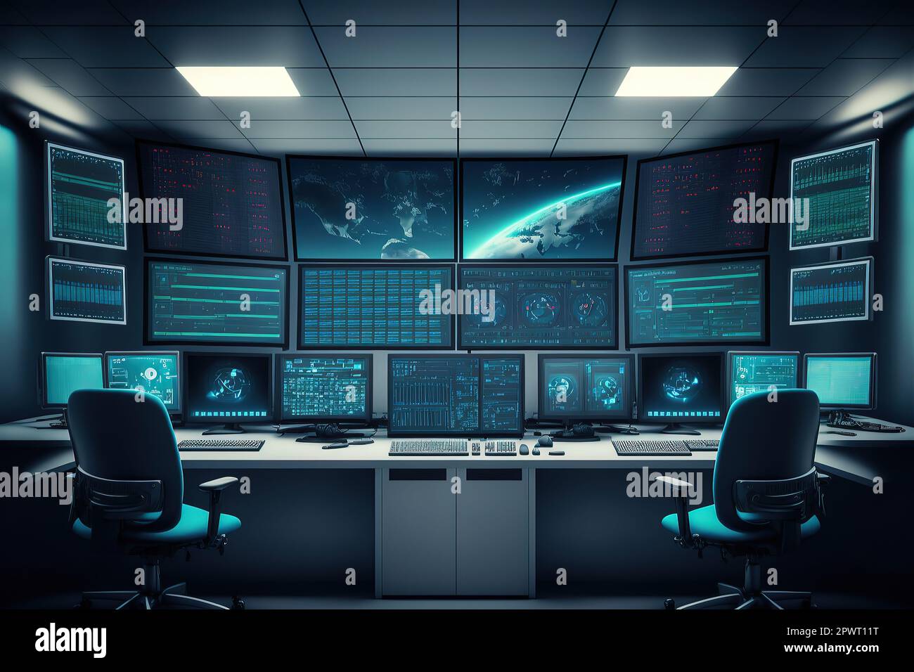 Empty interior of big modern security system control room, workstation ...