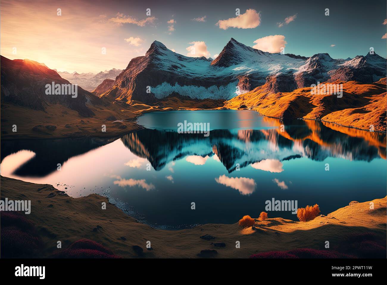 Fantastic evening panorama of Bachalp lake / Bachalpsee, Switzerland ...