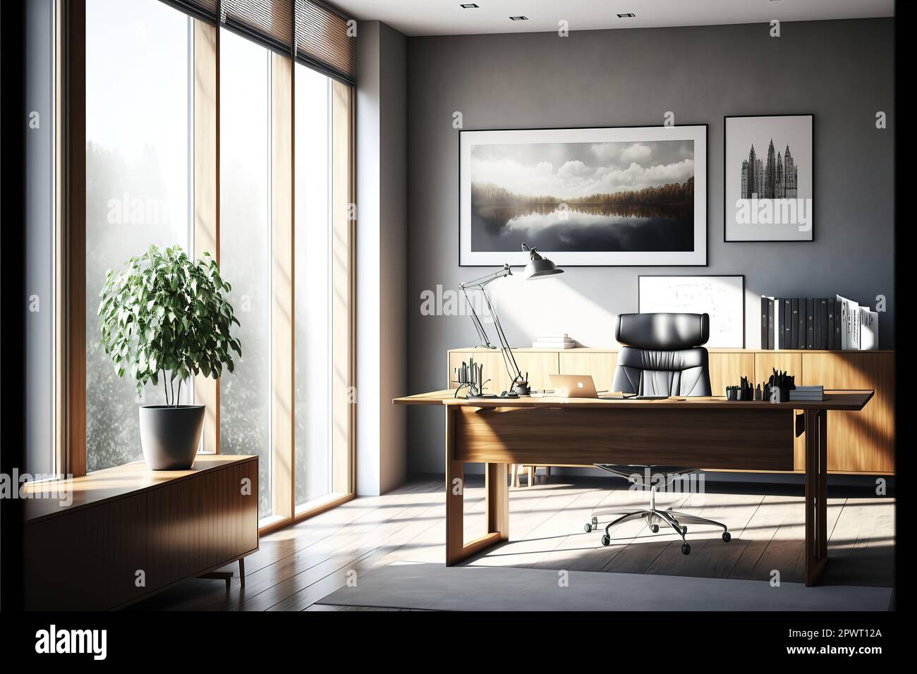 Front view of a sunlit CEO office with wooden furniture, large ...