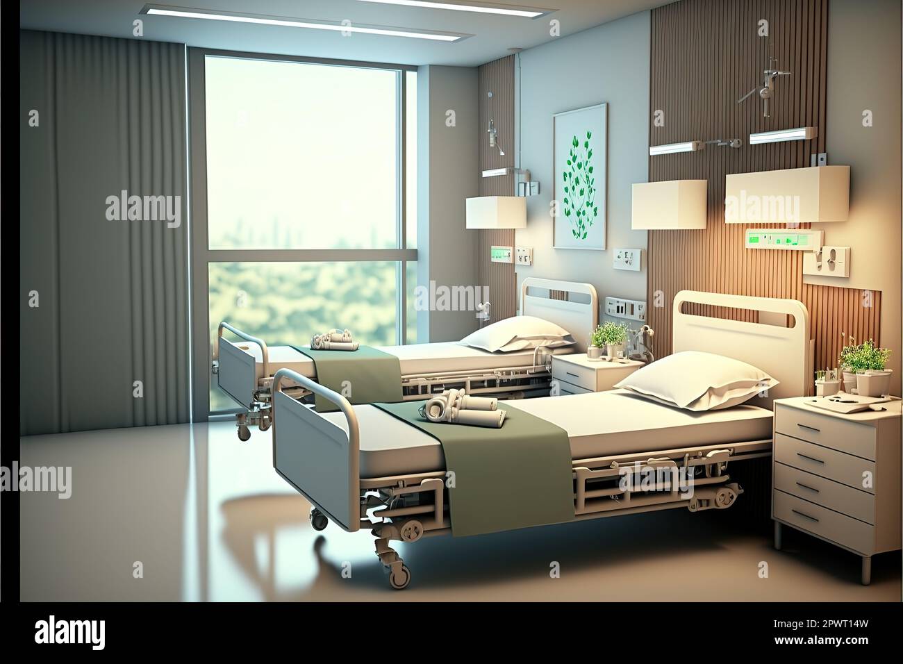 Hospital room with beds and comfortable medical equipped in a modern ...