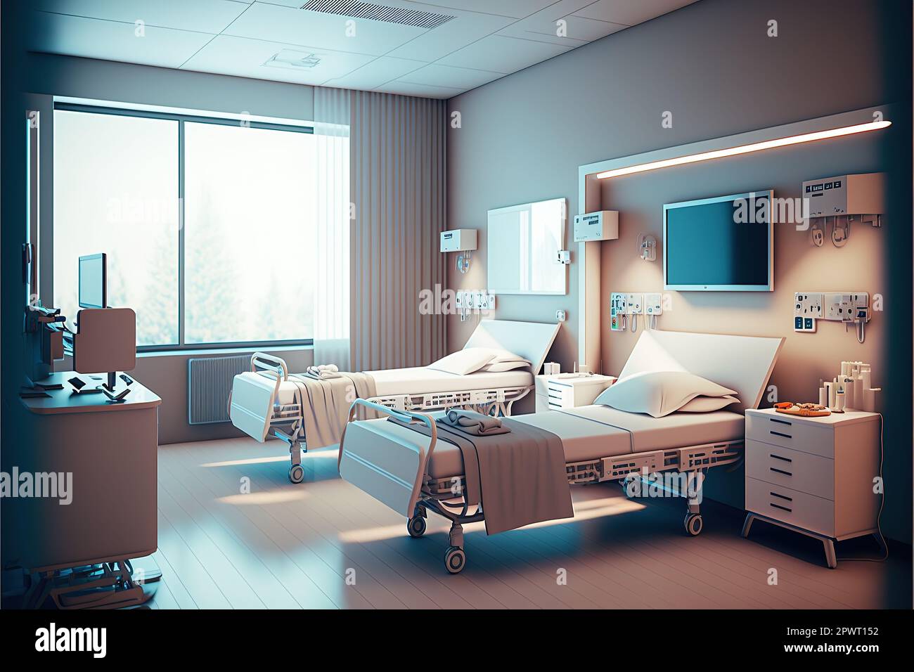 Hospital room with beds and comfortable medical equipped in a modern ...
