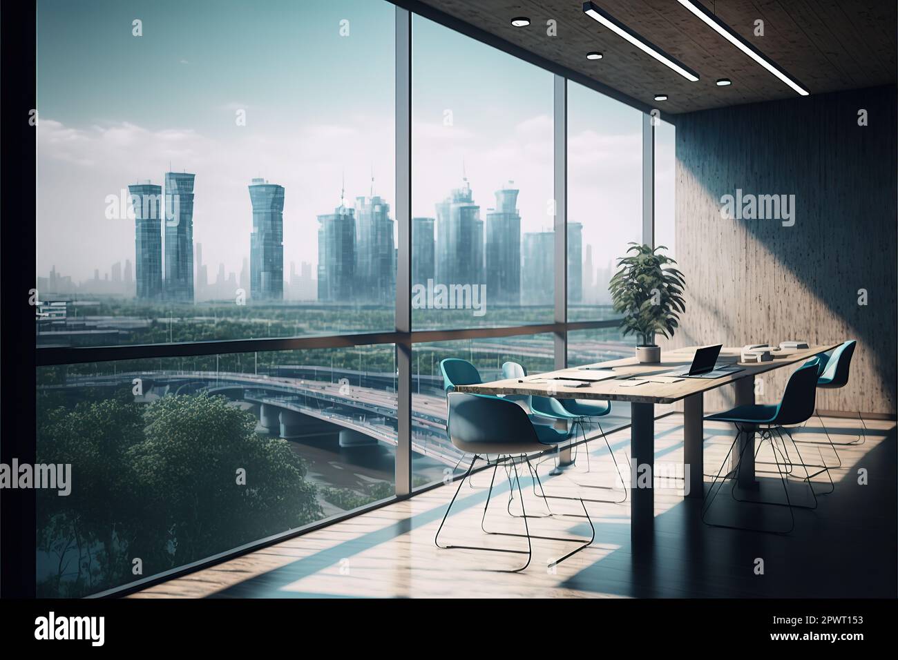 Megapolis view from big clean windows in modern office with wooden wall ...
