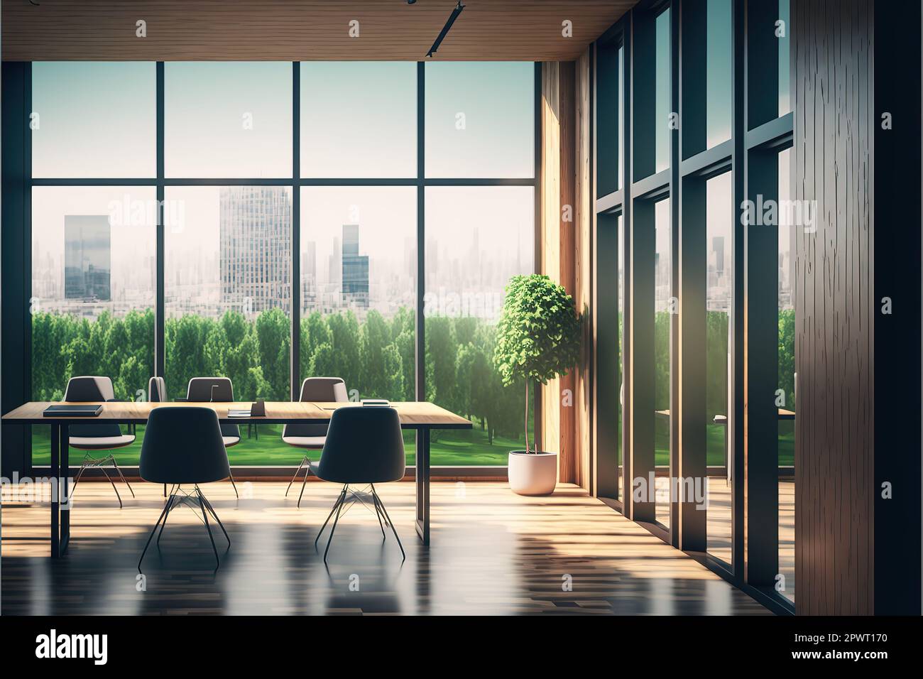 Megapolis view from big clean windows in modern office with wooden wall ...