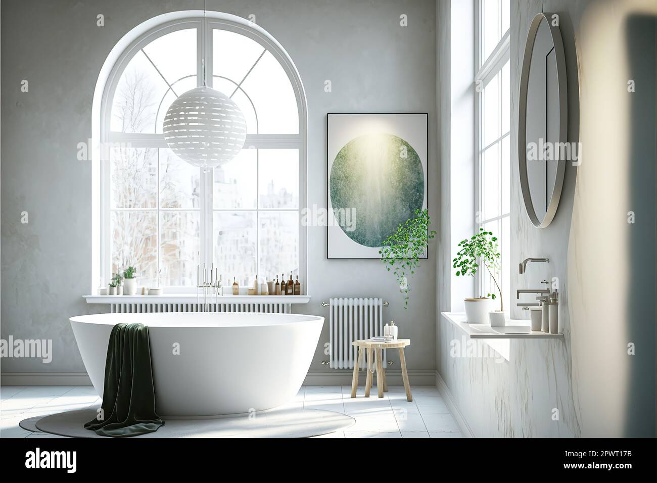 Modern white bathroom interior with a loft window, a horizontal poster ...