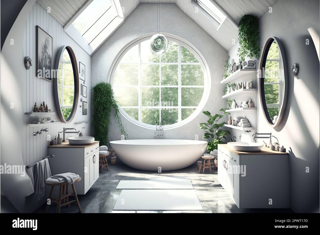 Modern white bathroom interior with a loft window, a horizontal poster ...