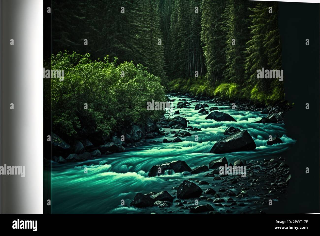 Mountain river flowing in a deep green forrest. Long exposere, water ...