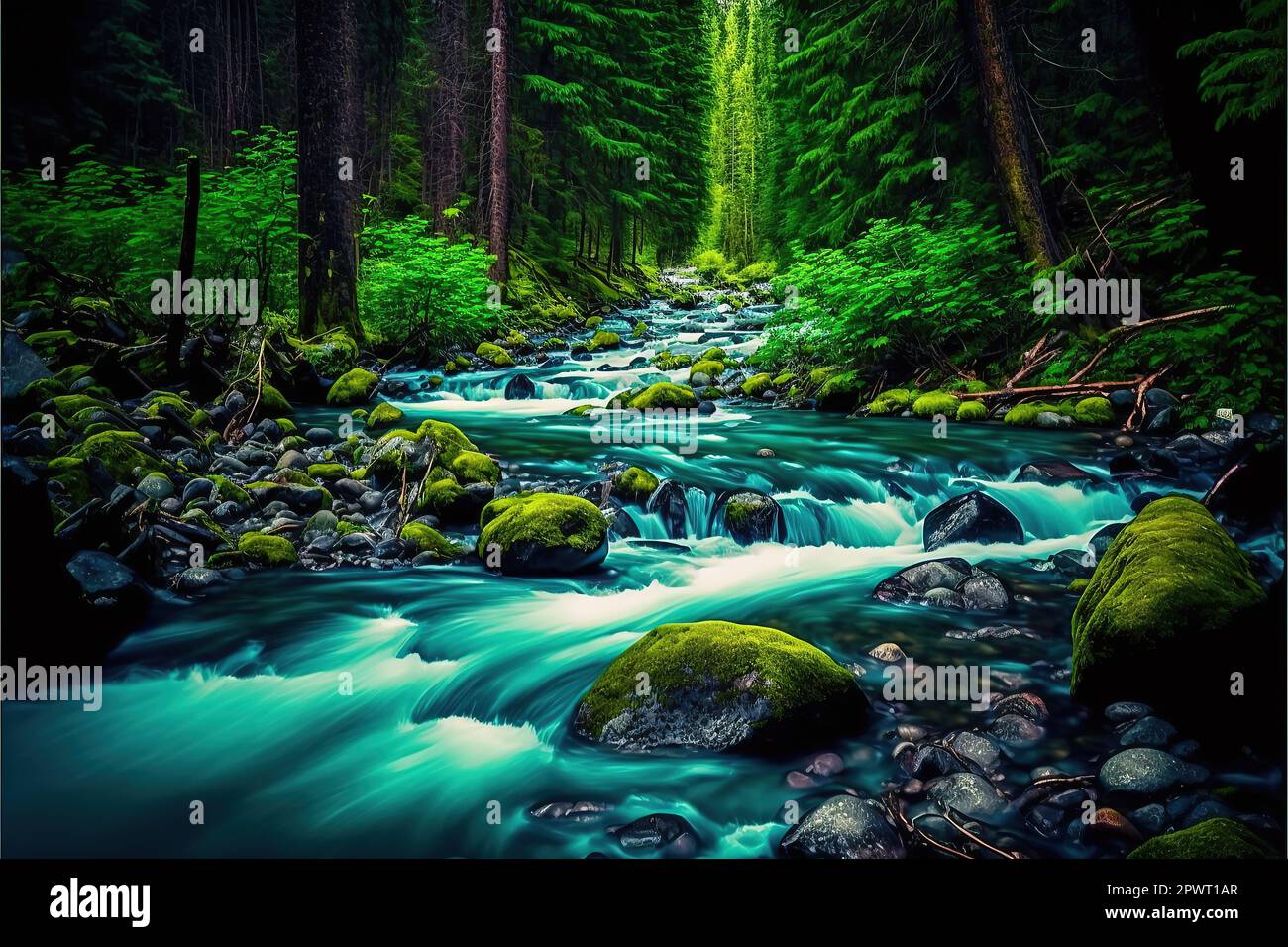 Mountain river flowing in a deep green forrest. Long exposere, water ...