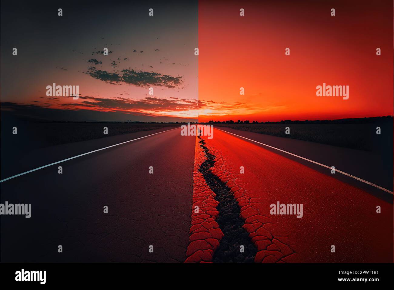 Red July sunset over an asphalt road with a white dividing strip Stock ...