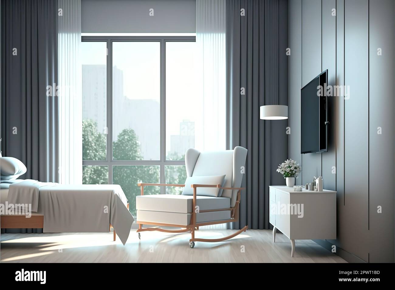 Side view of a gray walled hospital ward with a bed, a tv set, a white ...