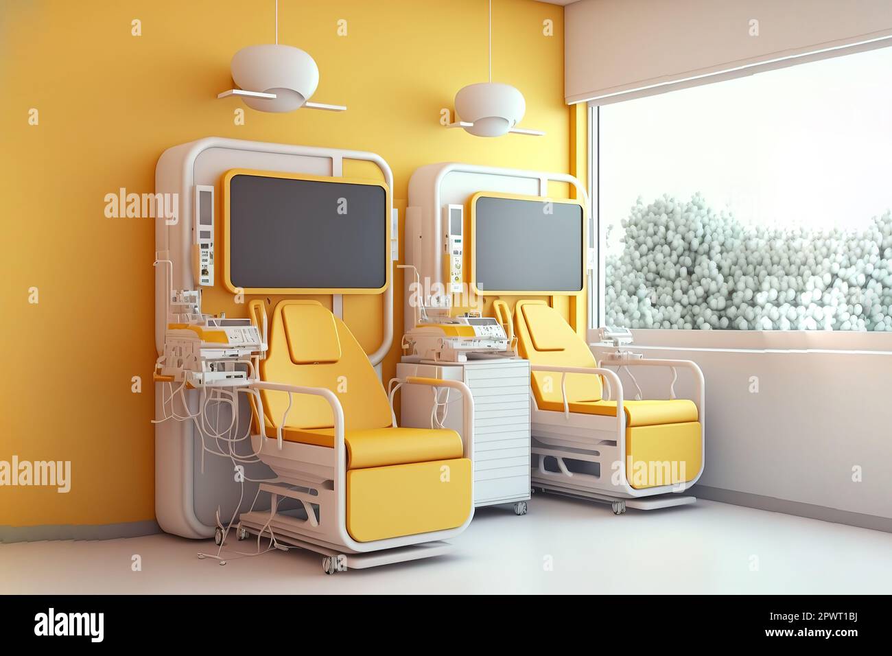Side view of a hospital ward with yellow walls, two beds, two monitors ...