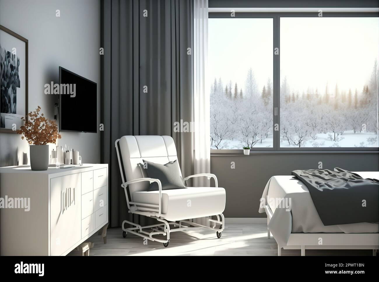 Side view of a gray walled hospital ward with a bed, a tv set, a white ...