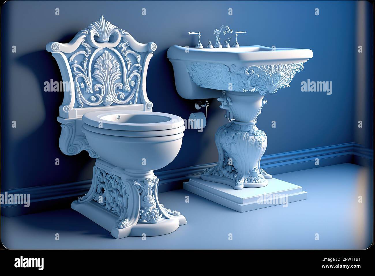 The toilet and bidet in the bathroom blue in classic design Stock Photo ...