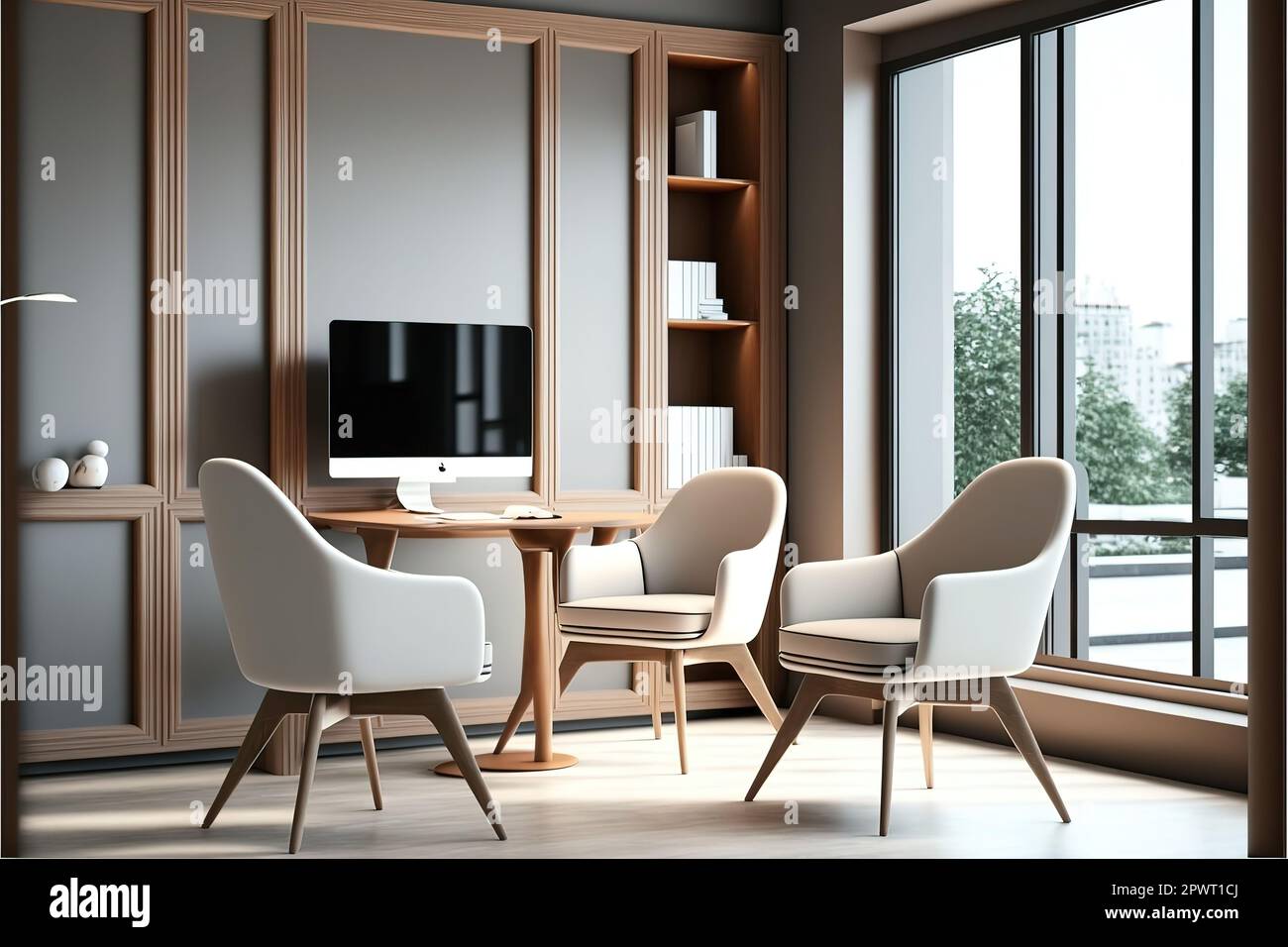 Wooden manage room with white armchairs and table with computer. Office ...