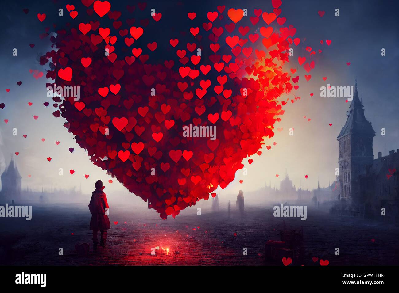 Romantic love background, symbols of love flying, 3D illustration art ...