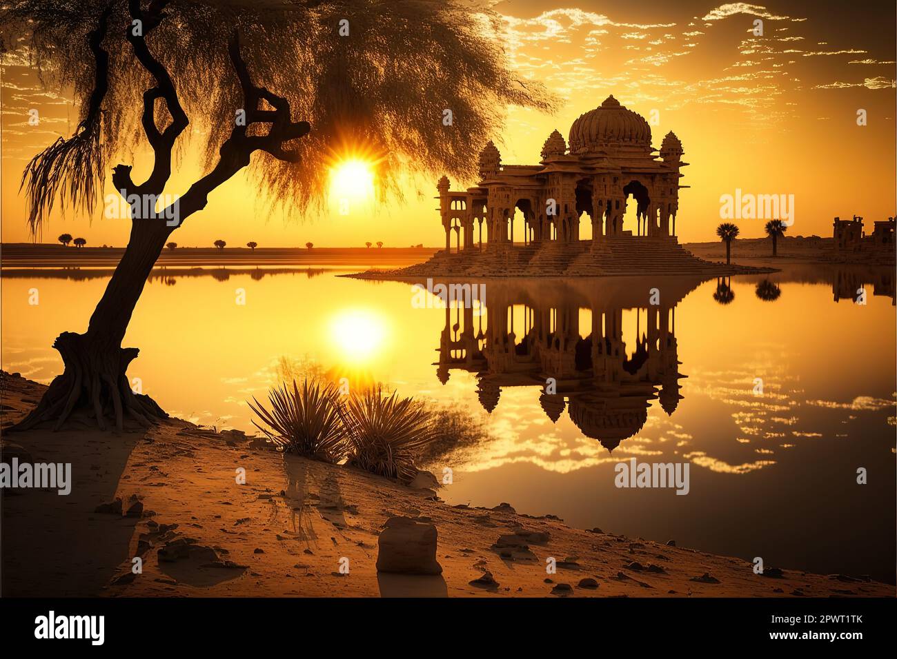 Gadisar lake at Jaisalmer Rajasthan at sunrise with ancient temples and ...