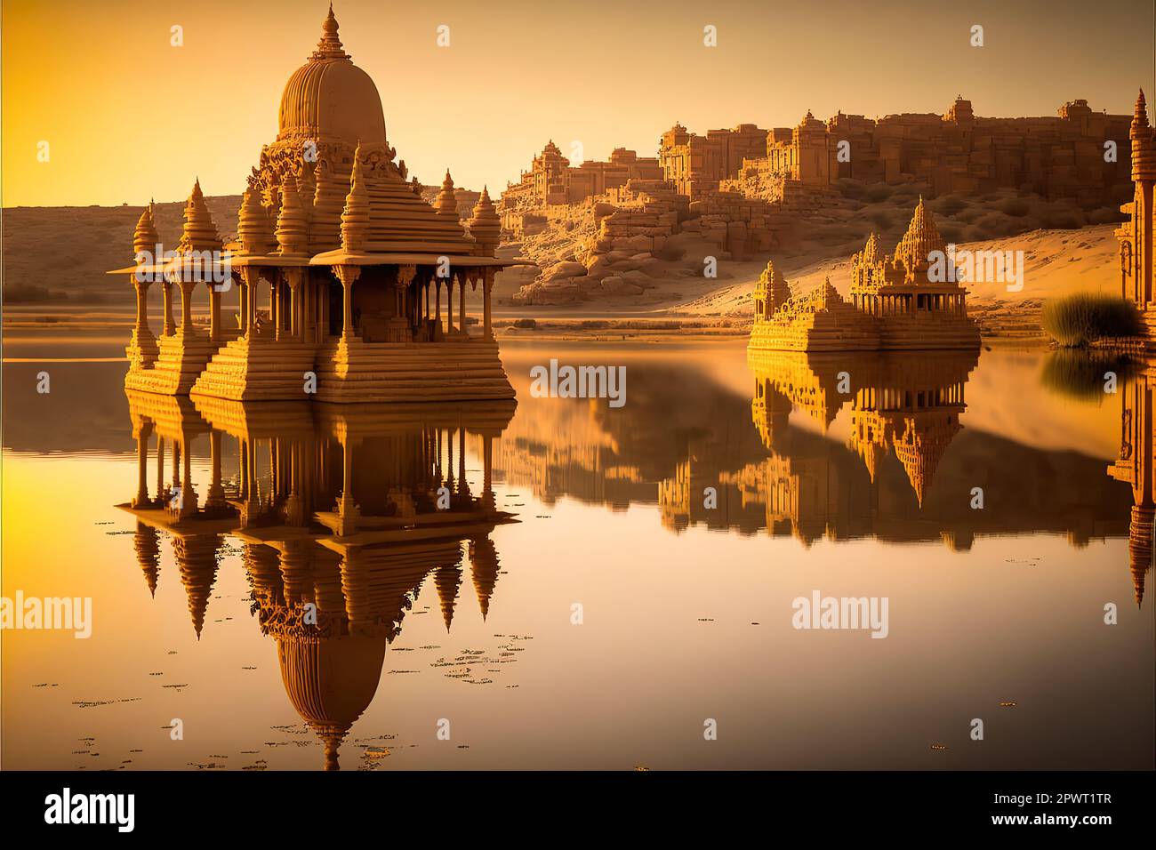 Gadisar lake at Jaisalmer Rajasthan at sunrise with ancient temples and ...