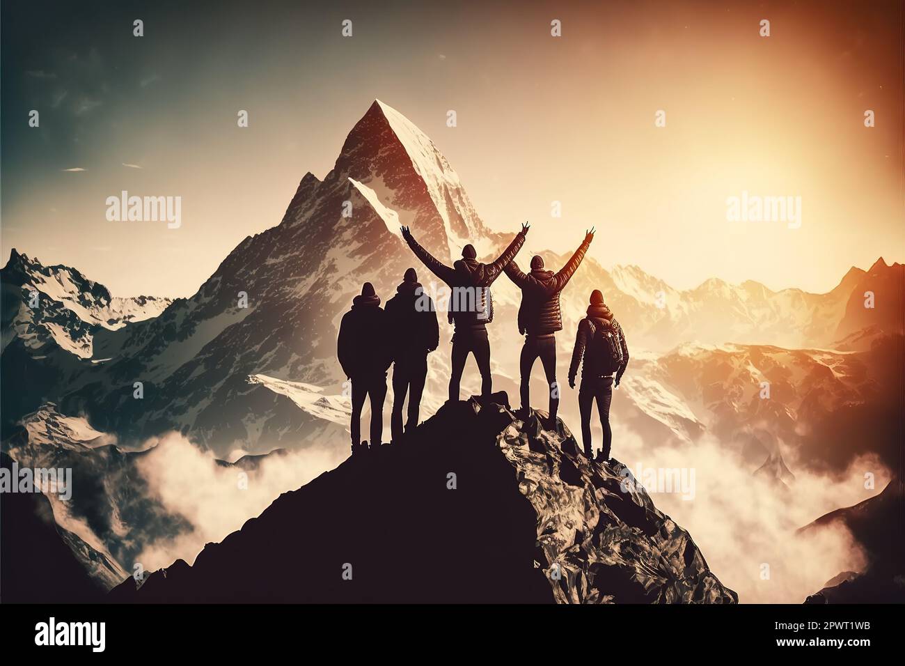 On the top of the world together stock photo Teamwork, Mountain, Sports ...