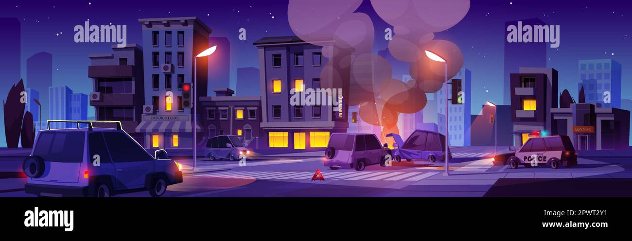 Car accident on night city road cartoon illustration. Drive crash with ...