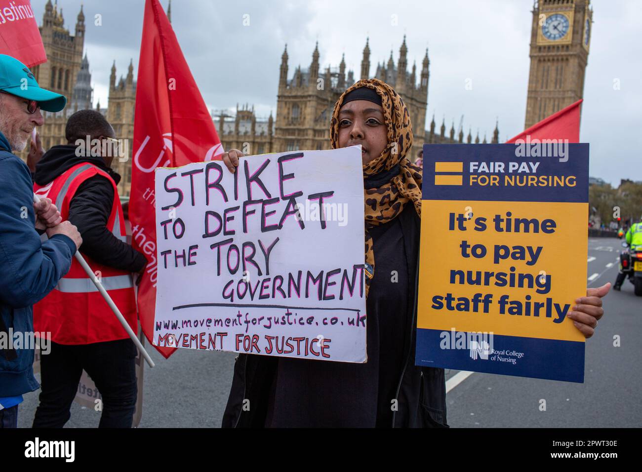London,uk,1st may,2023.A picket line of Nurses outside the St Thomas ...