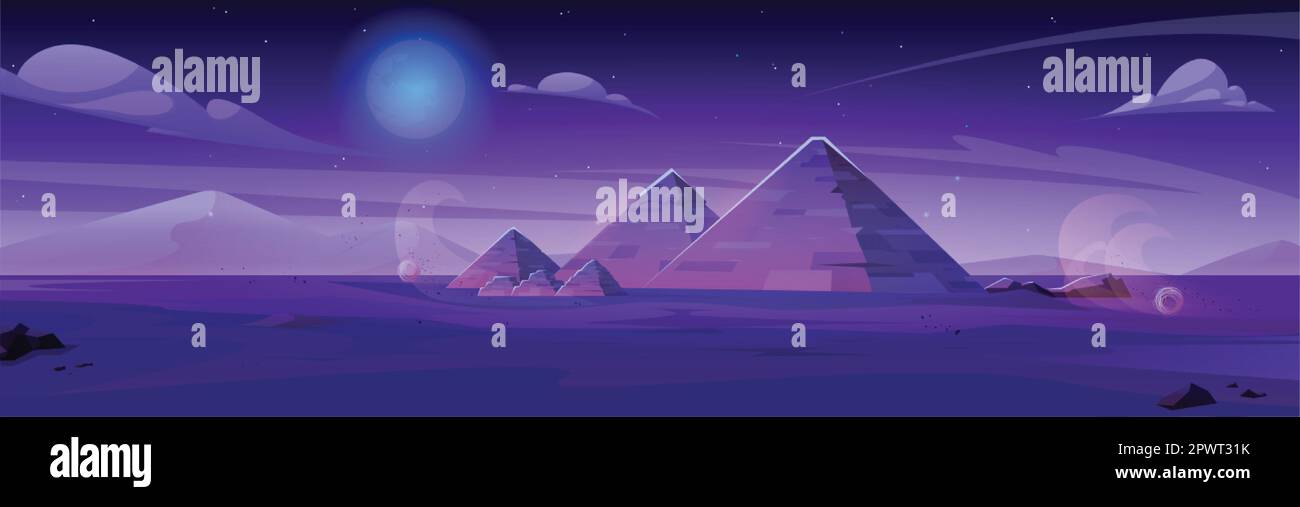 Night Egypt desert with pyramid landscape vector. Cartoon ancient ...