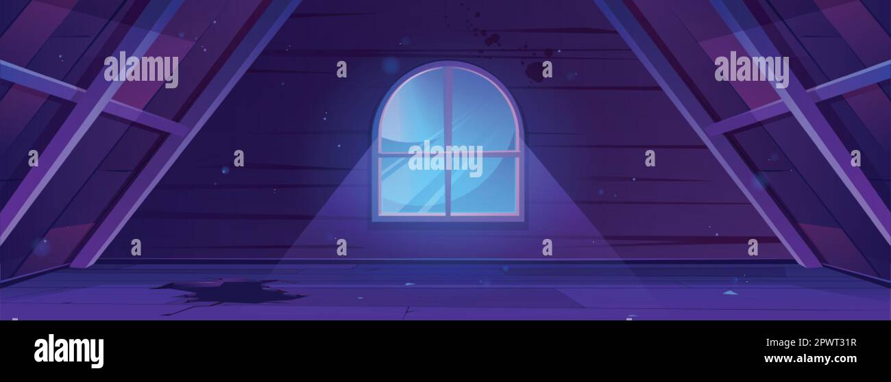 Night abandoned attic broken room interior vector background. Cartoon ...