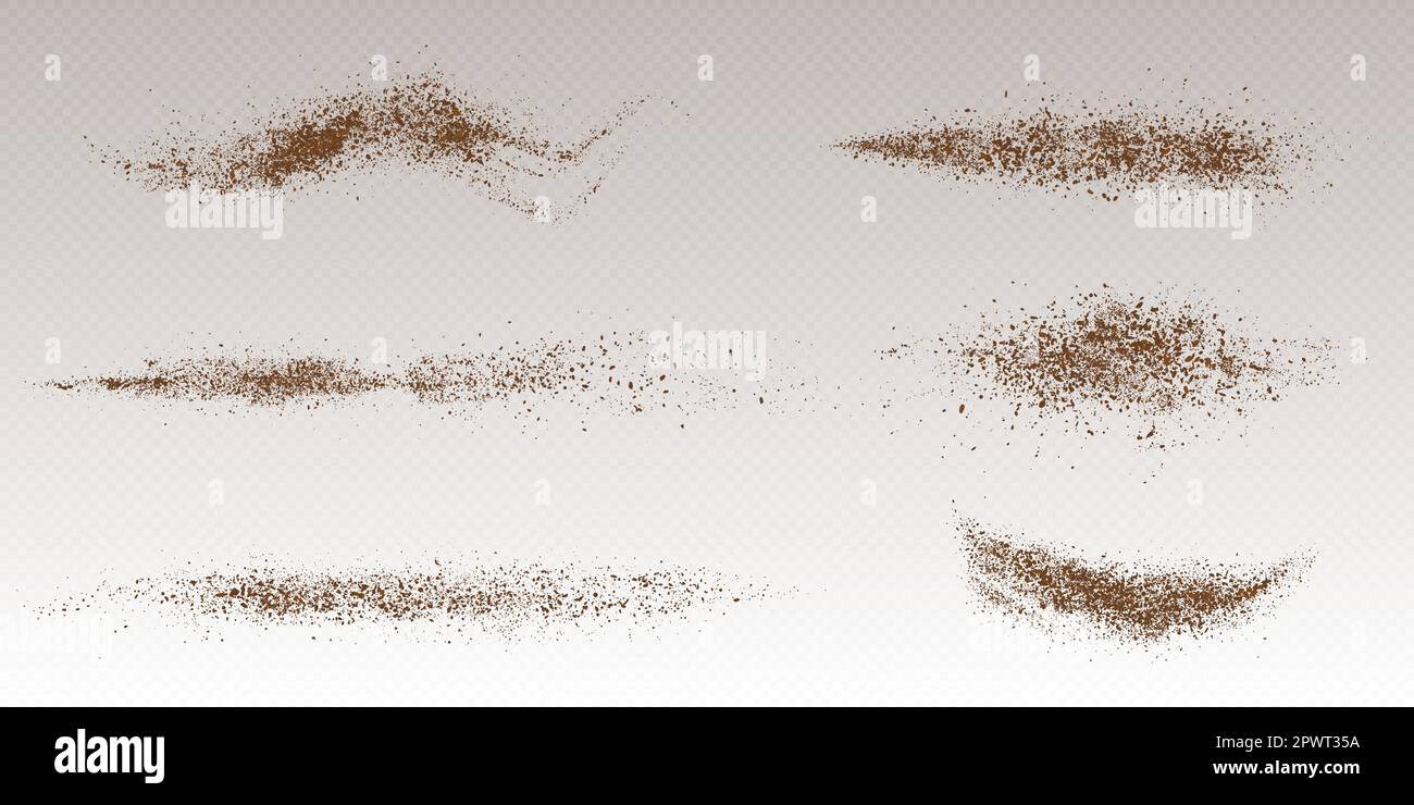 Isolated flying cocoa powder top view on transparent background. Brown coffee dust particles ...