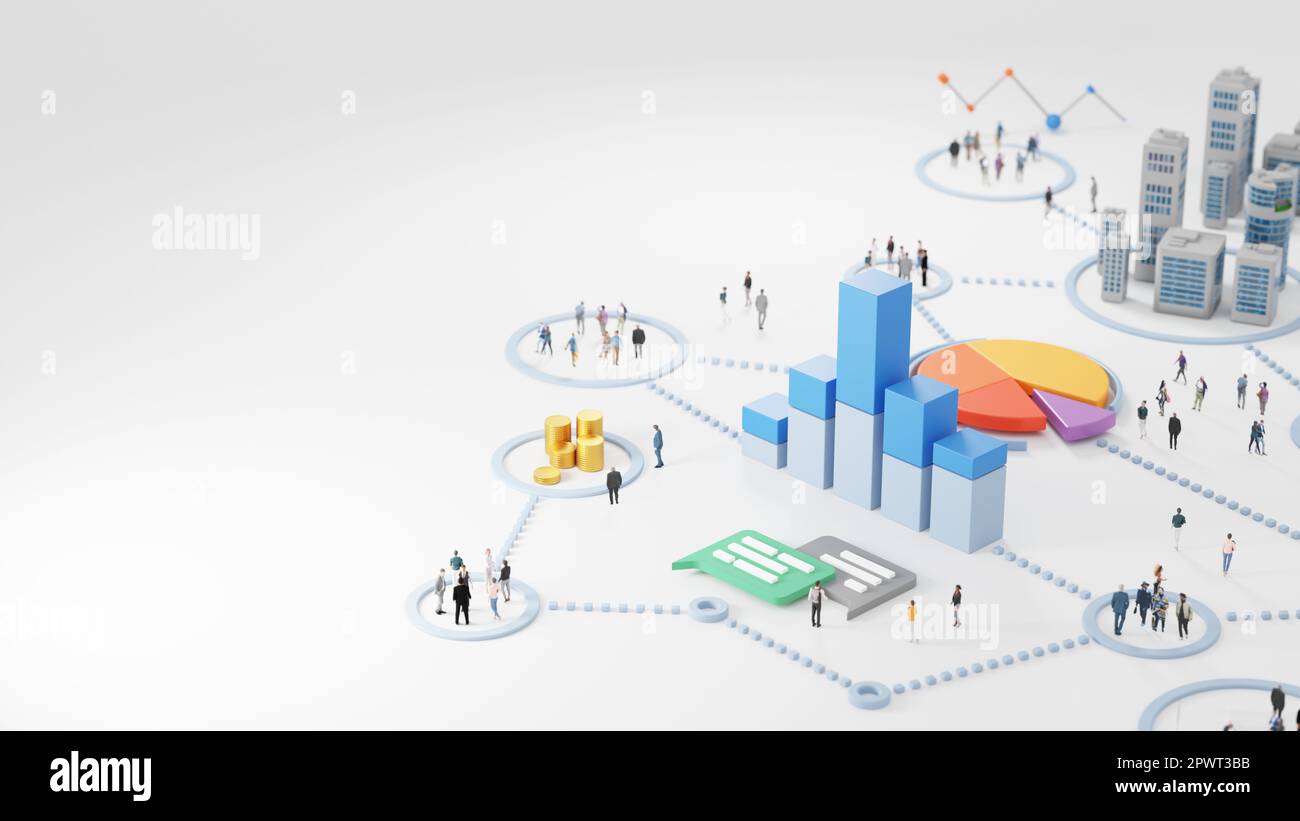 Big data analytics, abstract concept. Graphs and charts showing information and groups of people ...