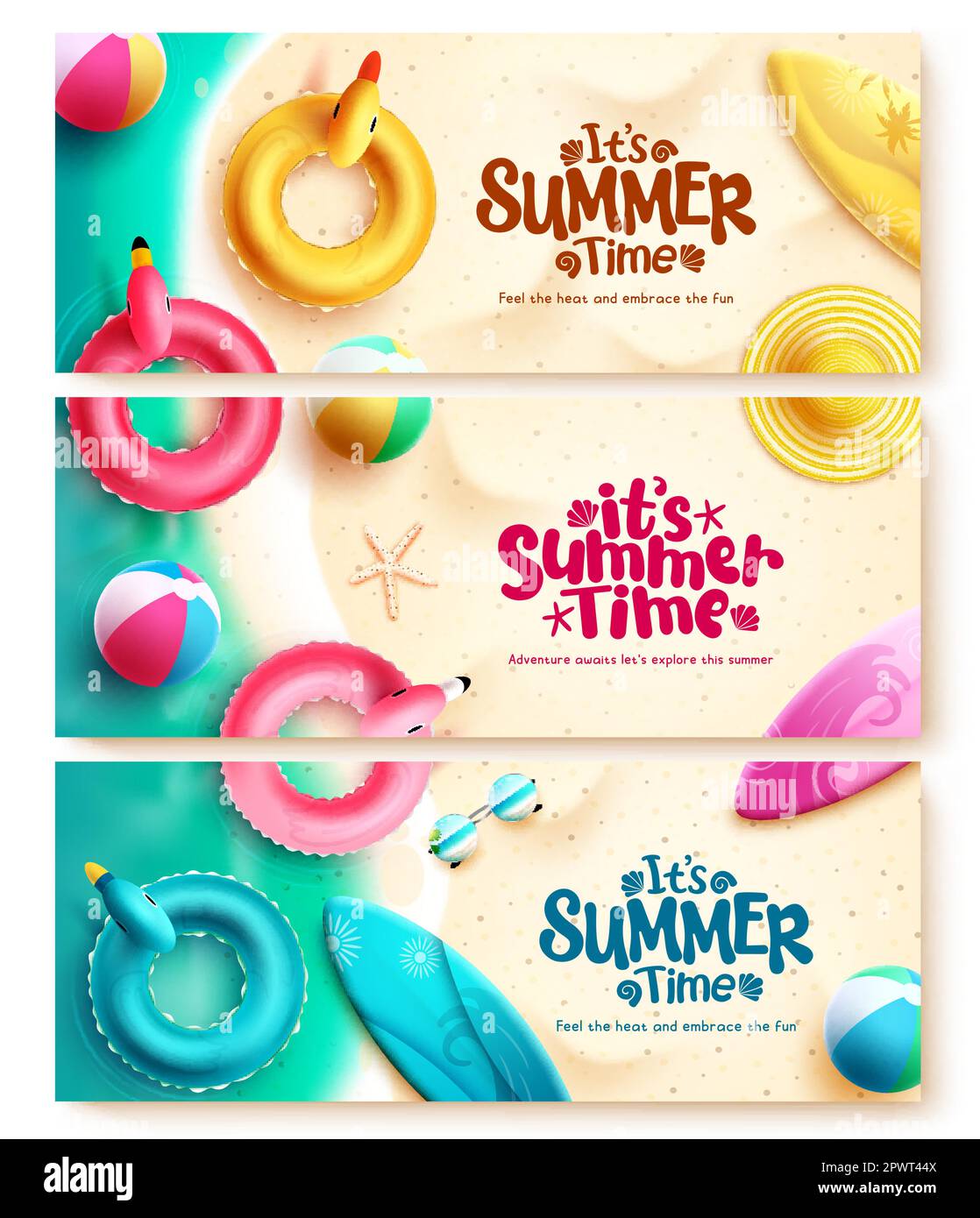 Summer time banner set vector design. It's summer time text with beach ...