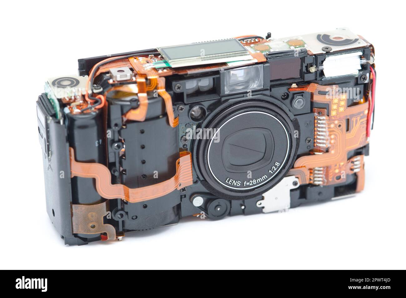 Disassembled compact camera with front removed to reveal the components ...