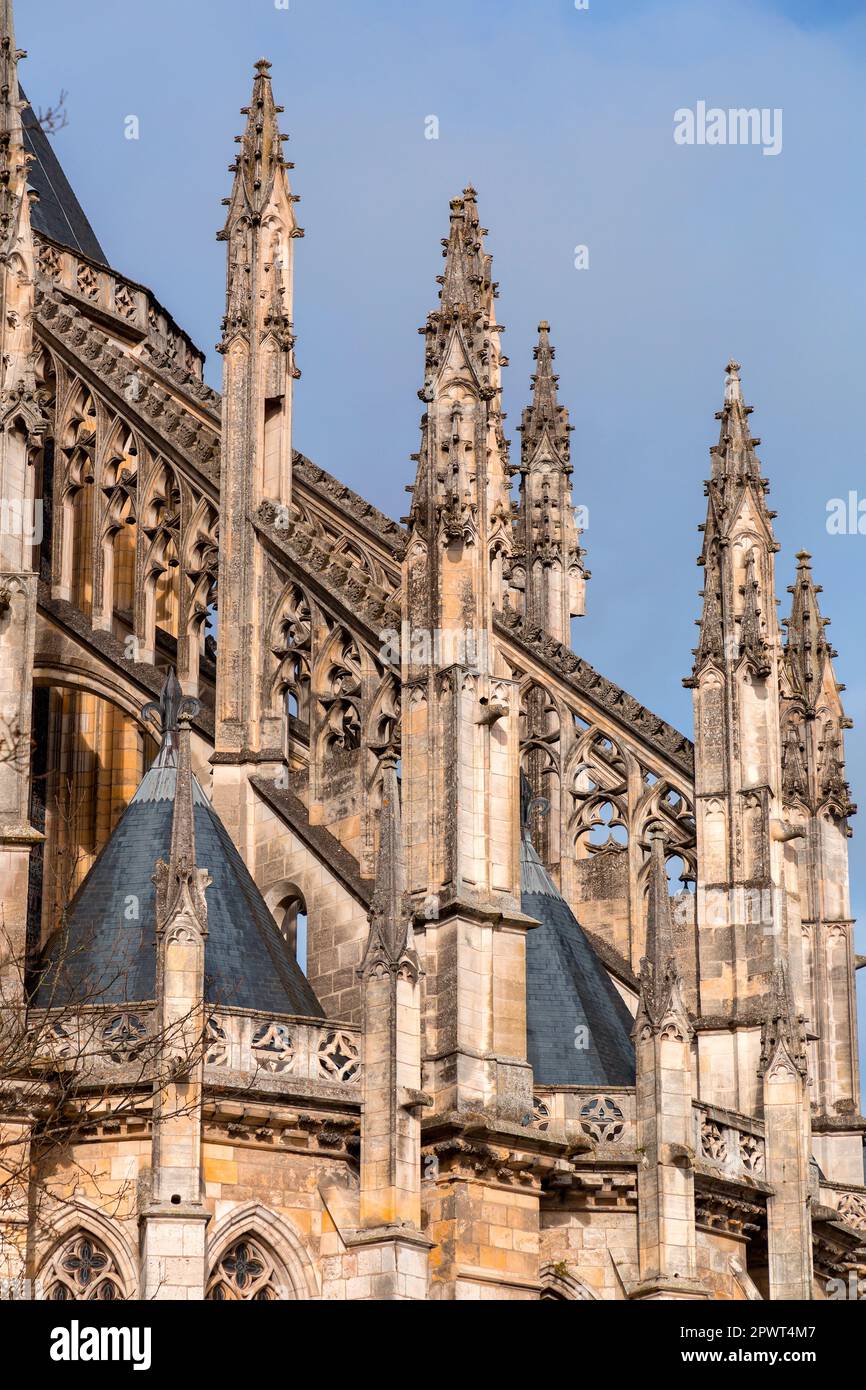 Gothic architectural detail on the facade of the Sainte Croix cathedral ...