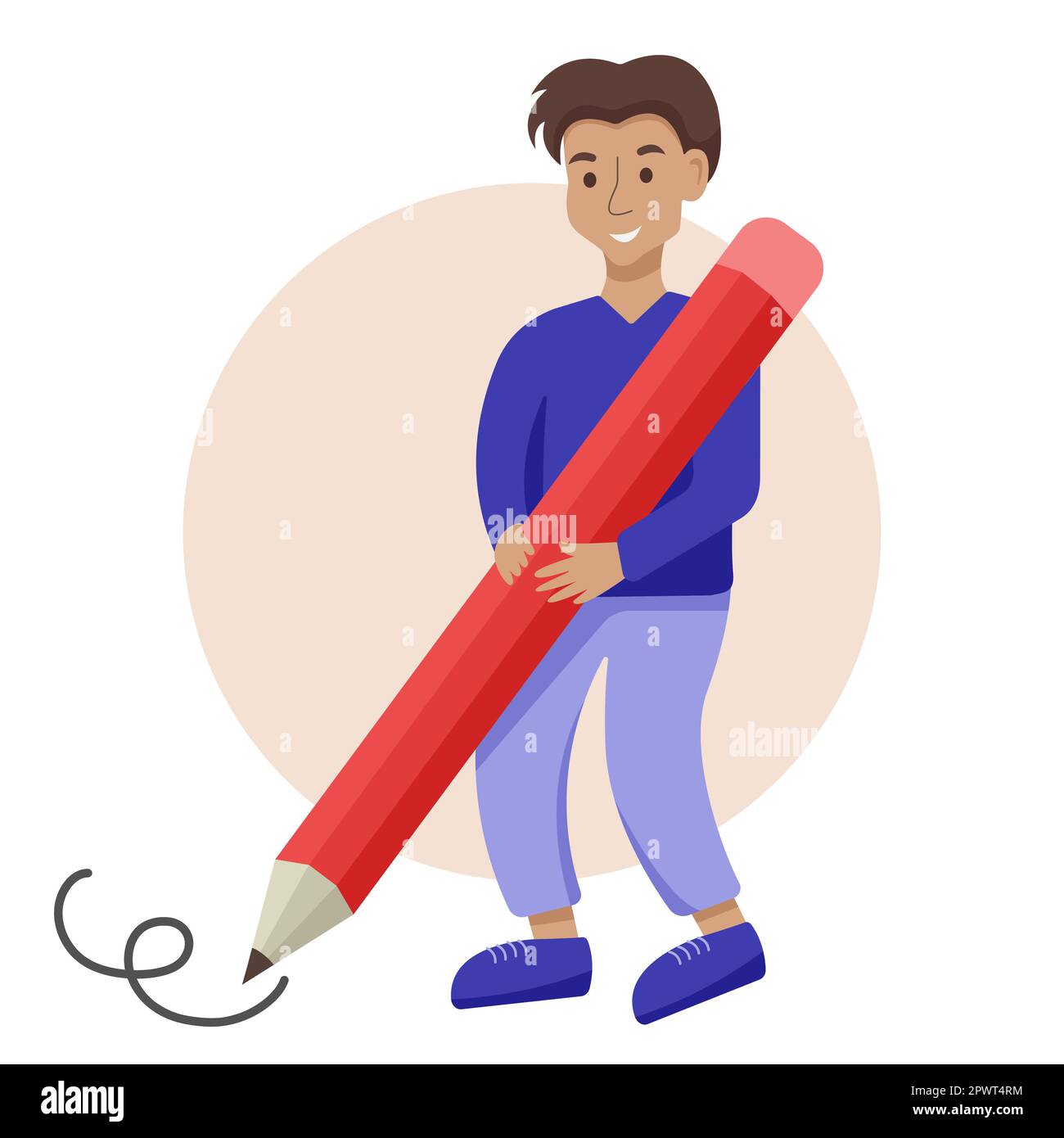 Flat cartoon character student boy standing and writing with a big ...