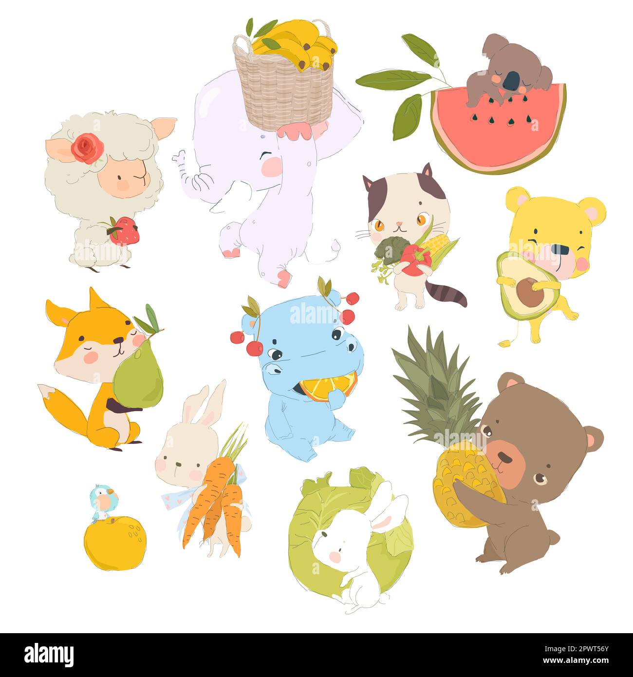 Cute Cartoon Animals with Fruits and Vegetables Stock Vector Image ...