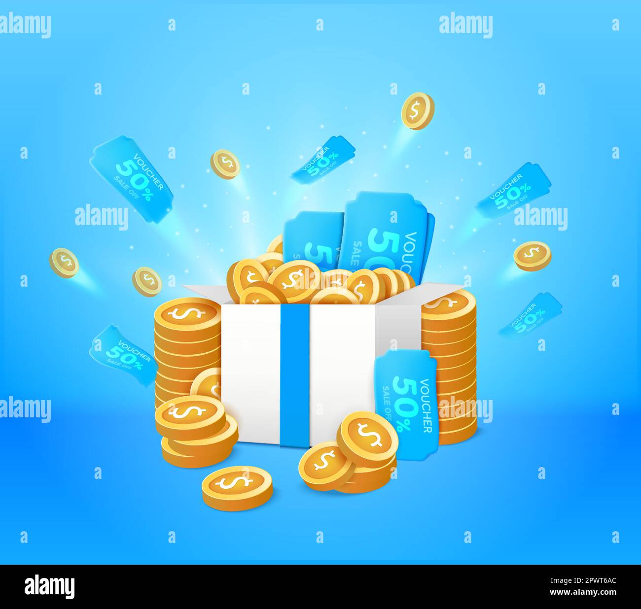 Gift box full of gift cards and coupons, voucher, gold coin ...