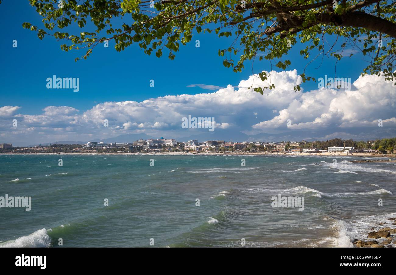 A view across the Mediterranean Sea from Side Old Town towards modern ...