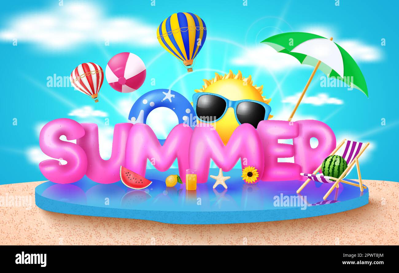 Summer 3d text vector design. Summer podium with beach outdoor display ...