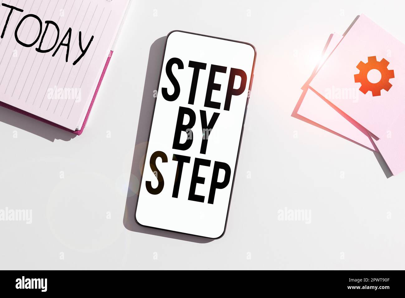 Hand writing sign Step By Step, Business showcase Slow progress Road to ...