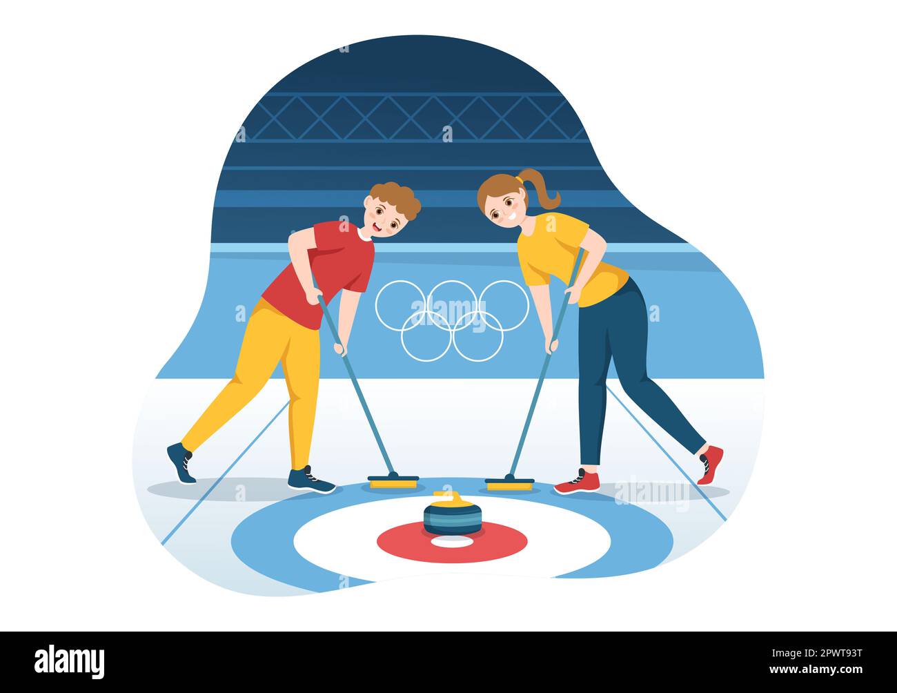 Curling Sport Illustration with Team Playing Game of Rocks and Broom in ...